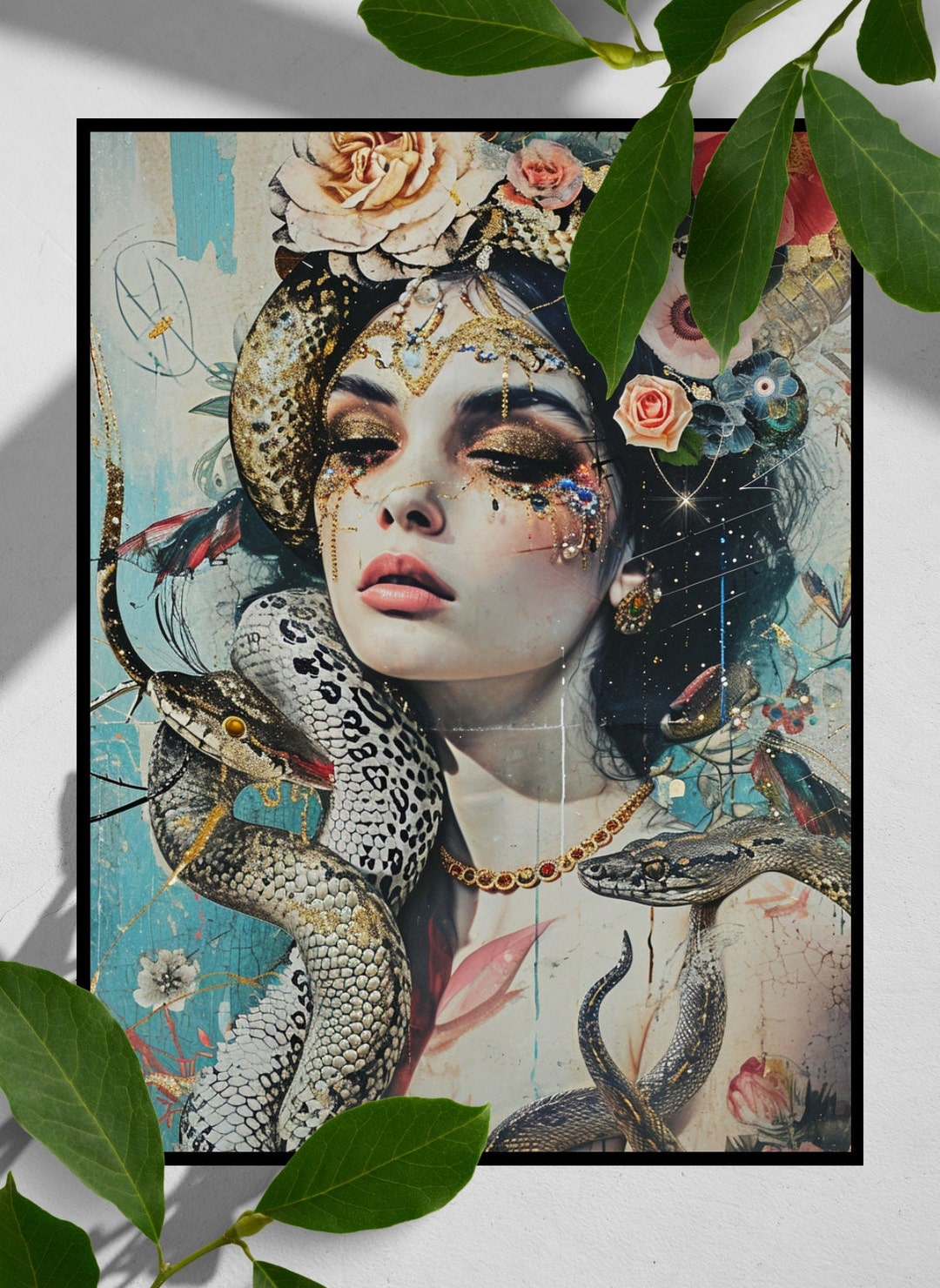 Enchanting Serpent Goddess Collage Art Print - Mystical Woman and Snake ...