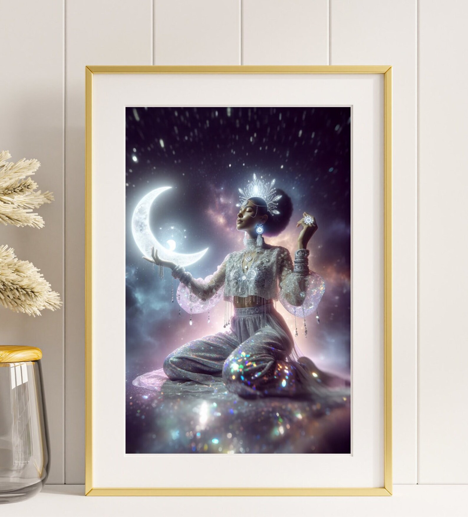 Moon Goddess Art Print, Holographic Cosmic Deity Poster, Lunar Divinity ...