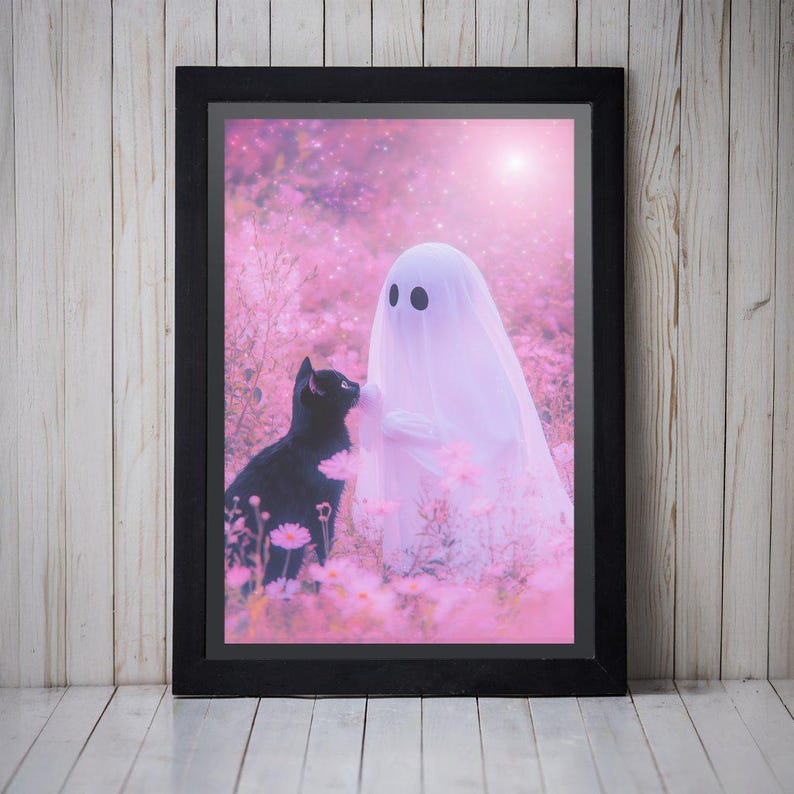 Whimsical Ghost and Cat Fantasy Art Print, Pink Dreamlike Decor, Cute ...
