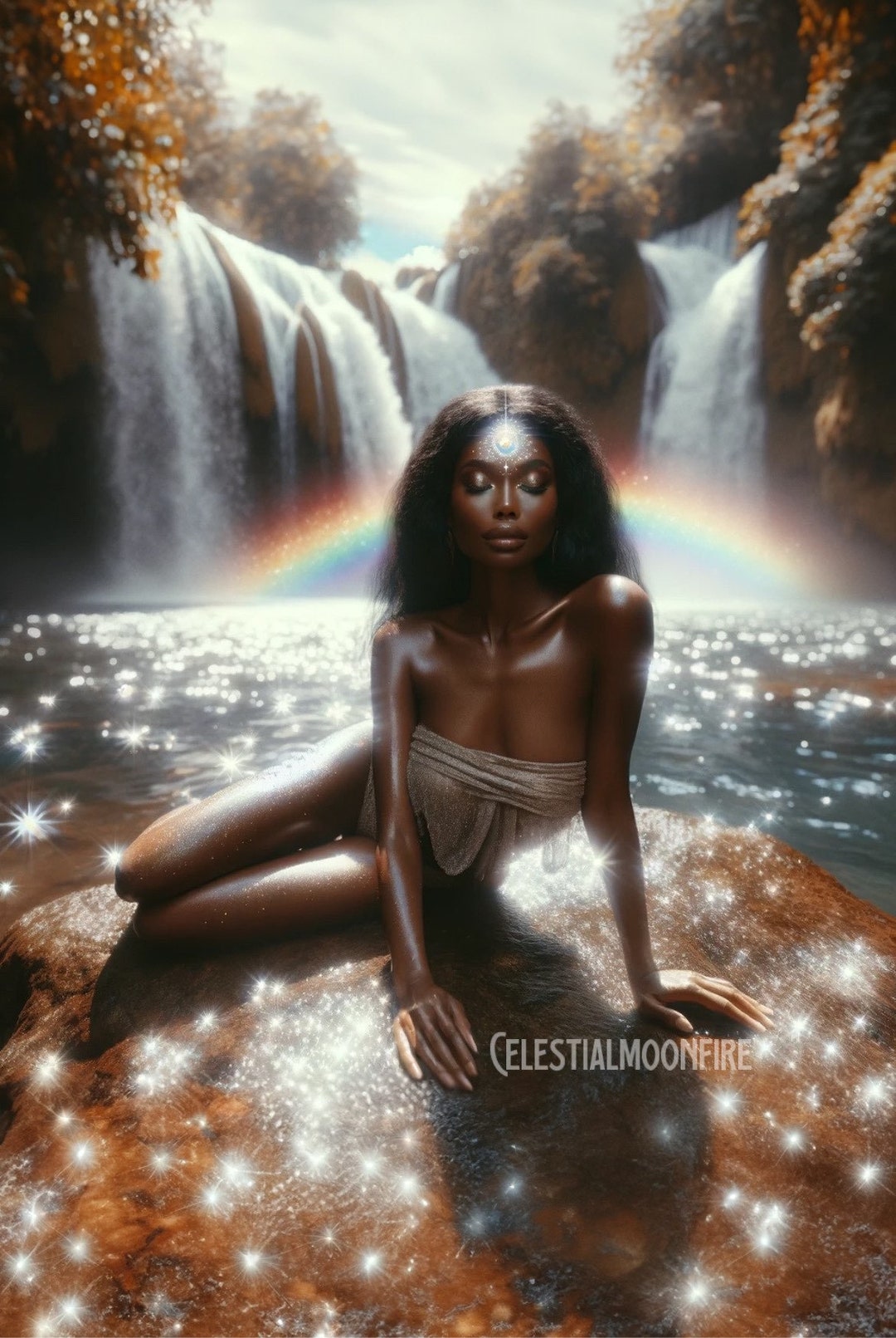 Mystical Goddess Art Print - Enchanting Glittering Waterfall and Rainbow Scene, Nature-inspired ...