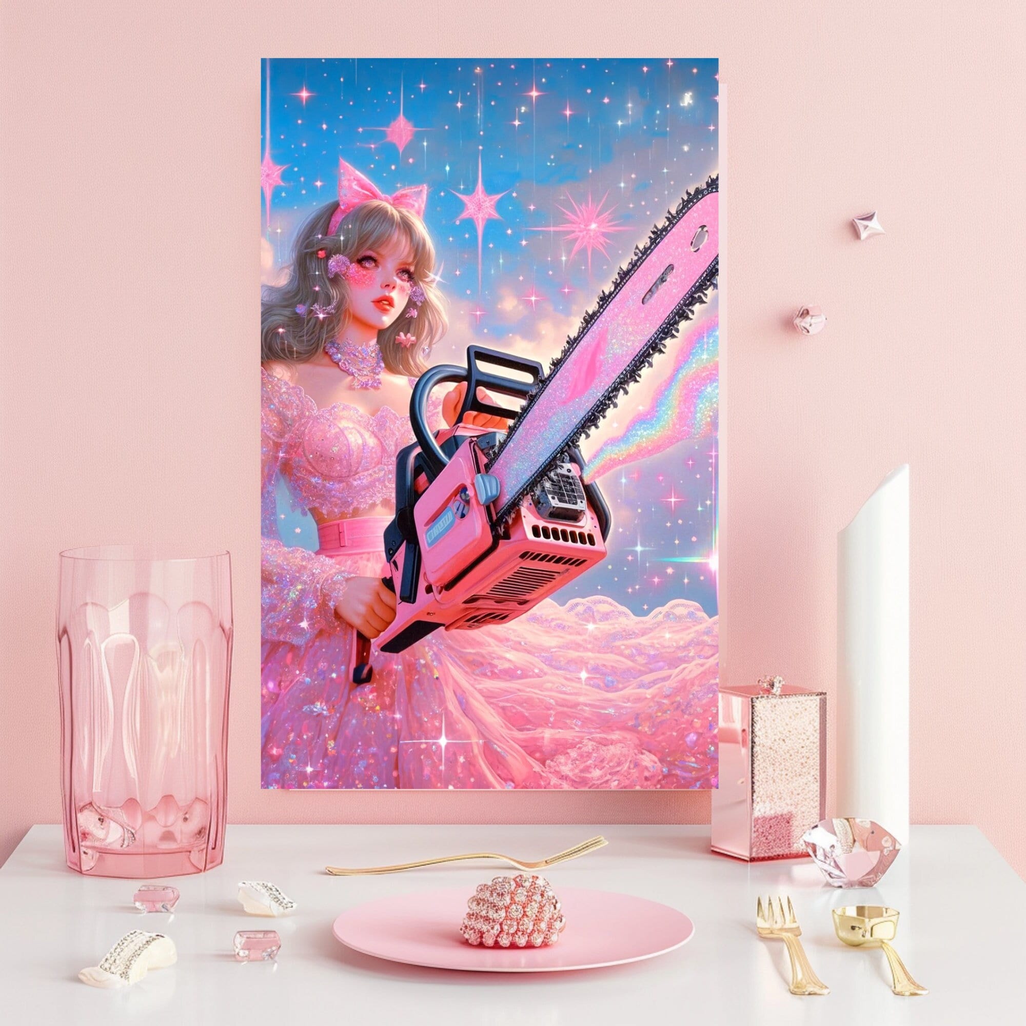 Dreamcore Chainsaw Maiden - Y2K Pastel Goth Art Print - Surreal Pink ...