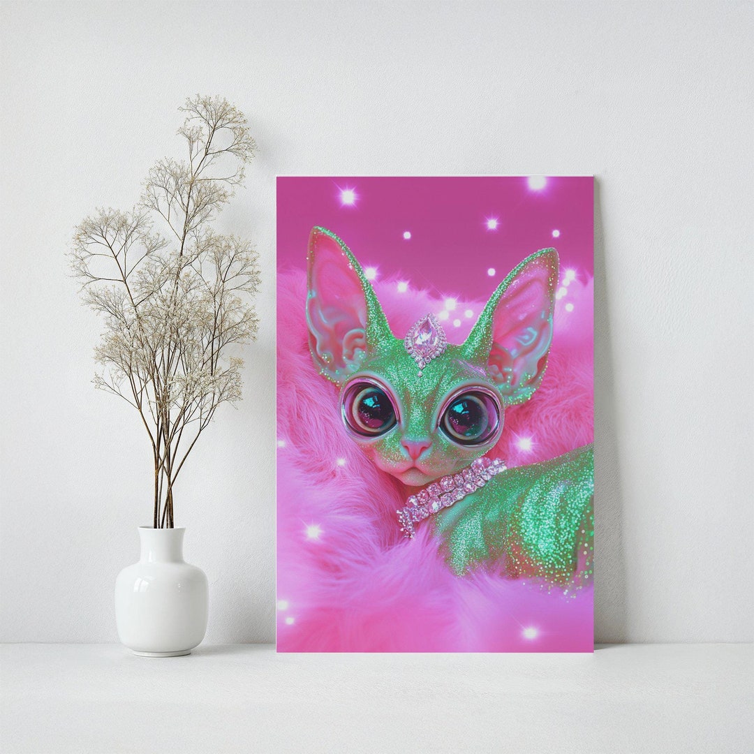 Alien Sphynx Cat in Pink Furry Art Print, Funky Fantasy Wall Art ...