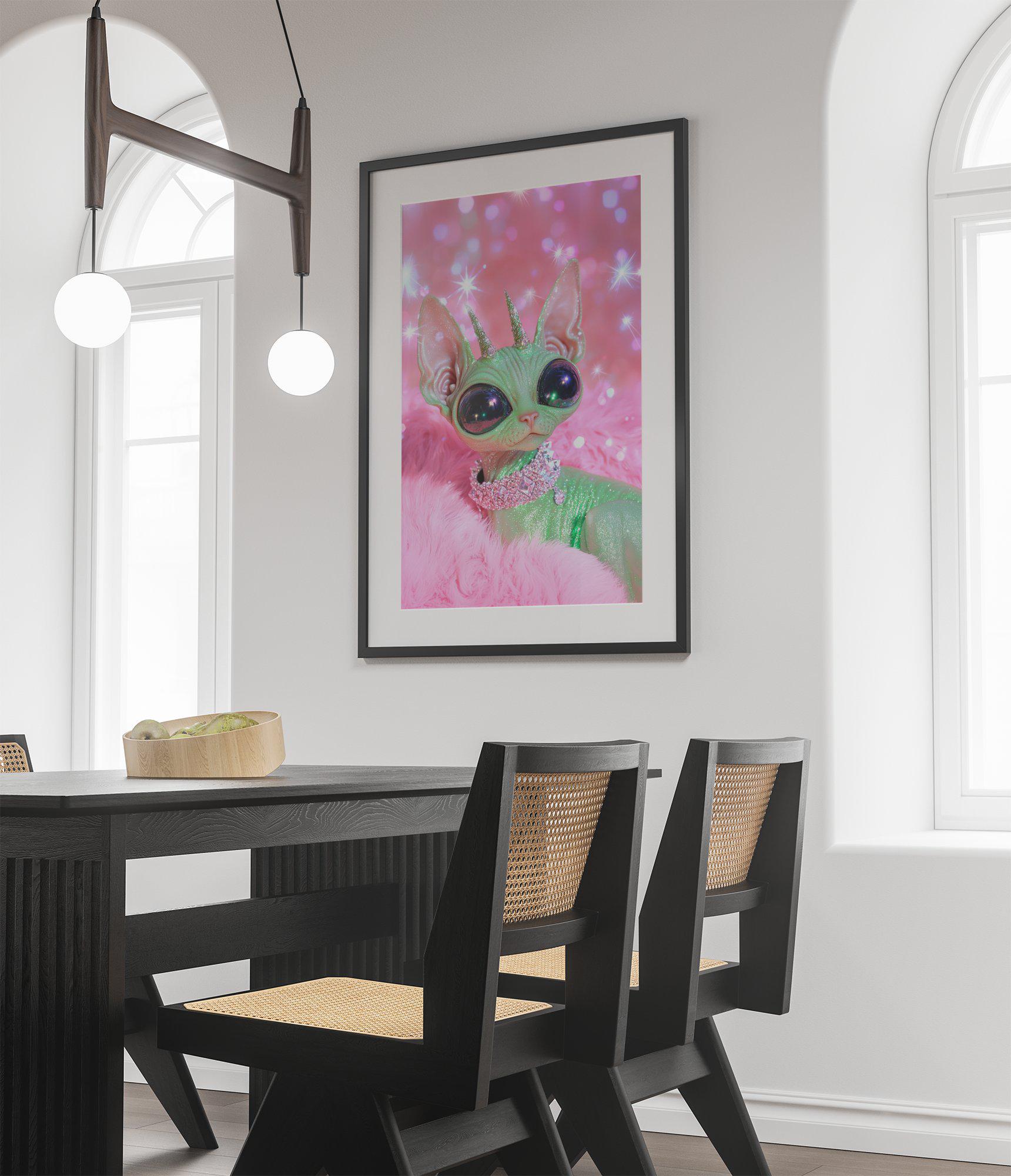 Trippy Green Alien Cat Wall Art, Pastel Pink Mint Green Fantasy ...