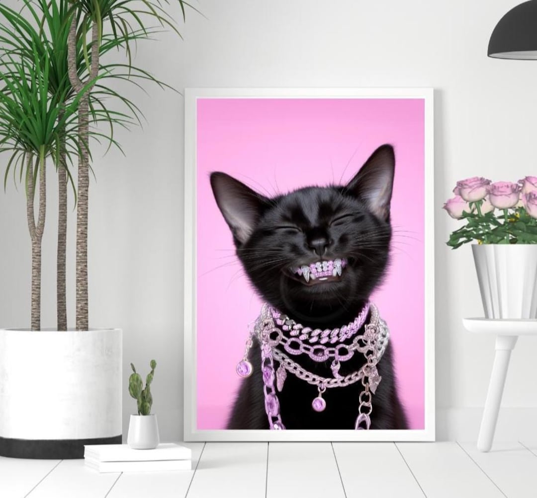 Smiling Black Cat With Diamond Grillz and Chains – Pink Aesthetic Wall ...
