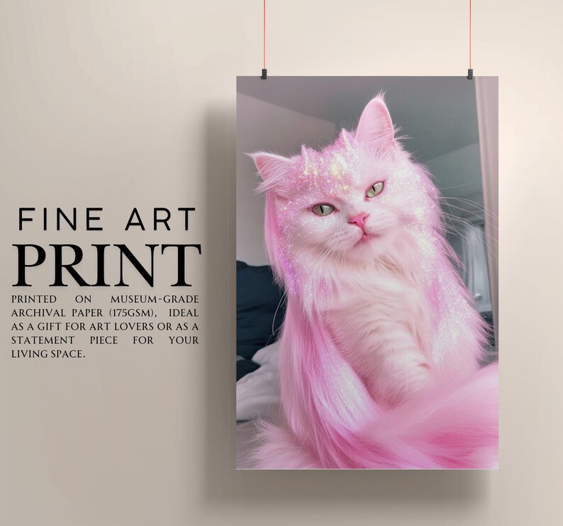 Pink Glitter Cat Art Print - Sparkle Glam Kitten Wall Decor - Funny ...