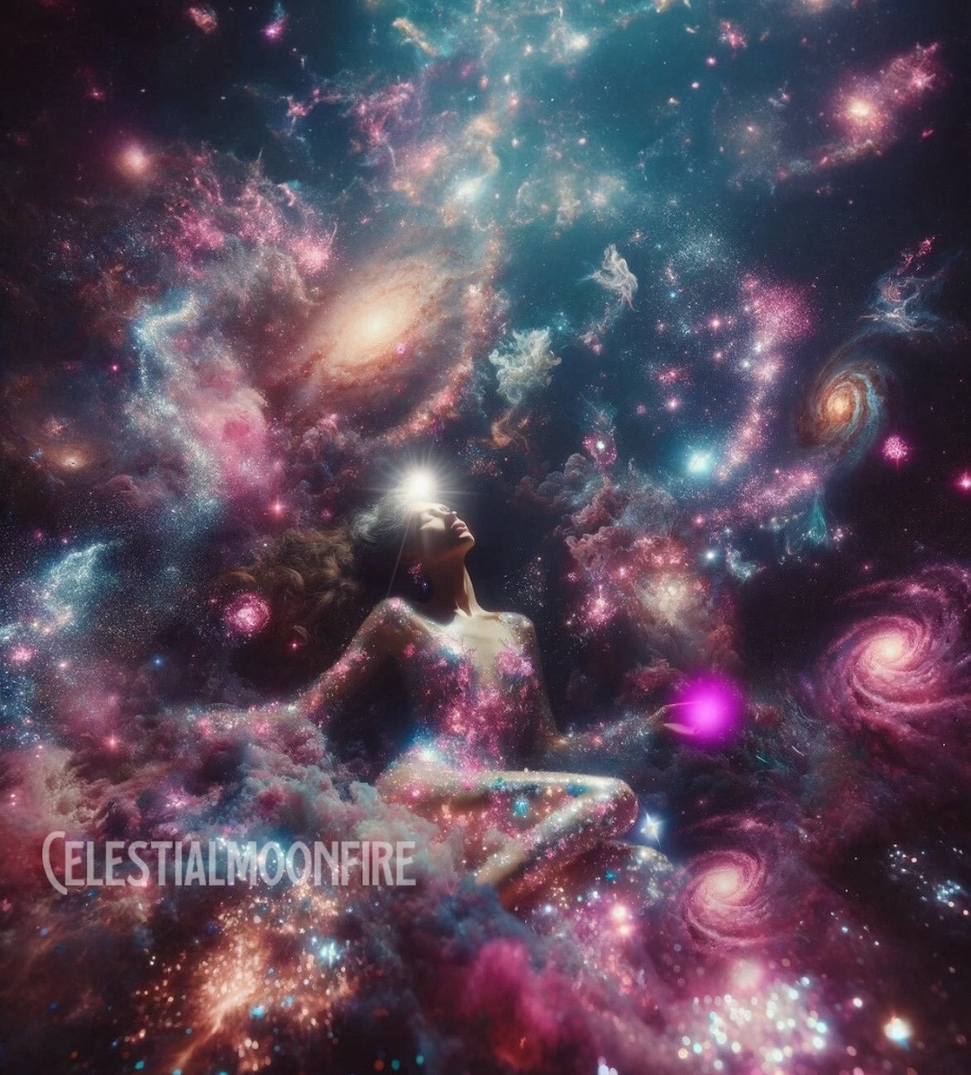 Celestial Serenity: Starlight Bathing & Crown Chakra Art Print, Cosmic ...