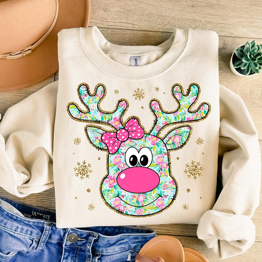 Glitter Coquette Floral Christmas Reindeer Png, Pink Christmas Girl ...