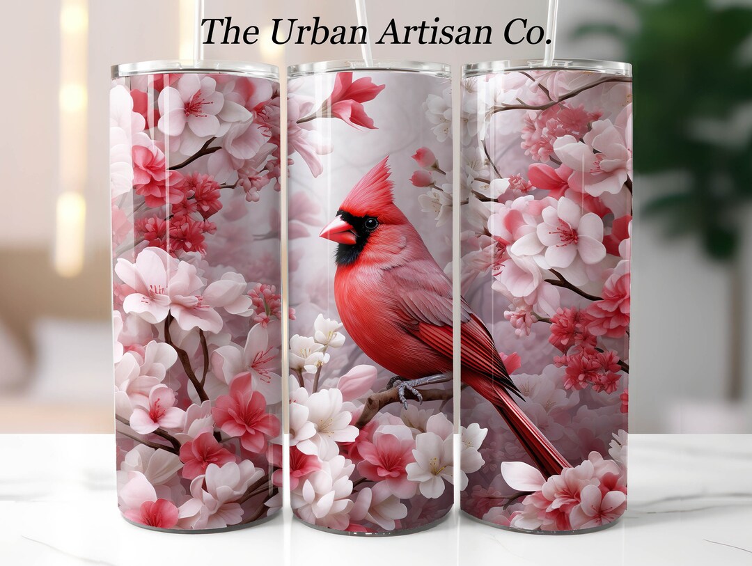 3D Red Cardinal Bird Flowers 20 Oz Skinny Tumbler Sublimation Design ...