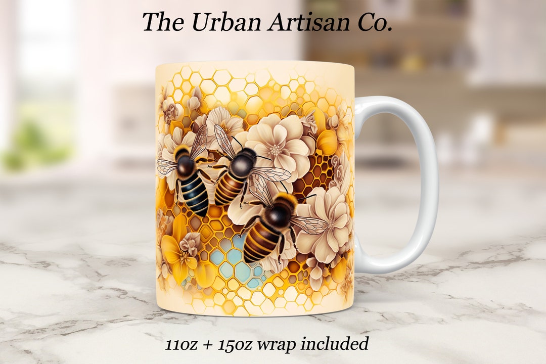Yellow Honeycomb Floral Bee Mug Wrap 11oz and 15oz Mug Template, Mug ...