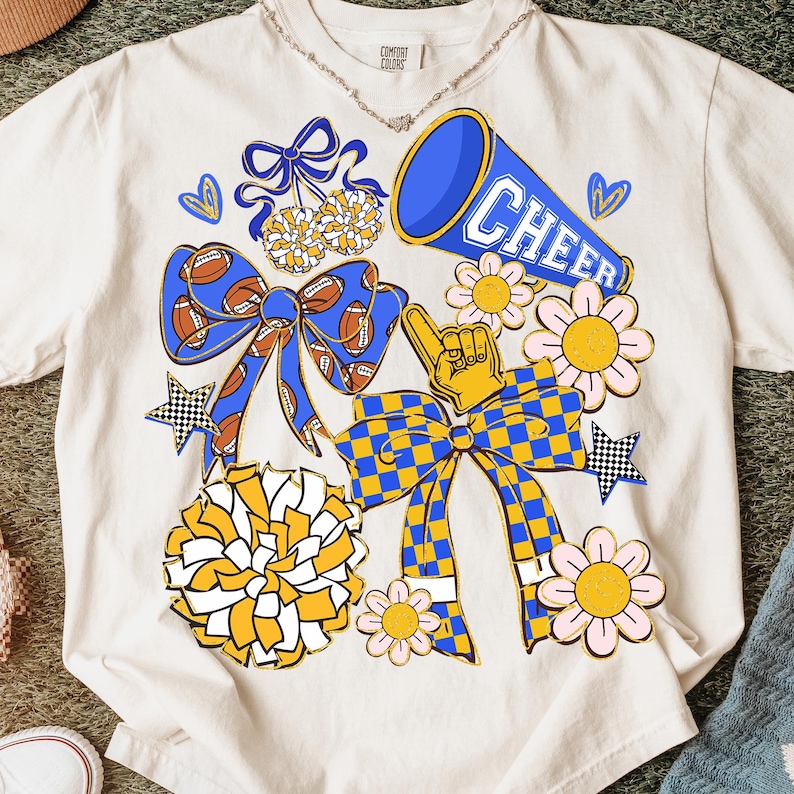 Cheer Coquette Png, Blue Gold Cheer Mom Shirt Design, Cheerleading Png ...