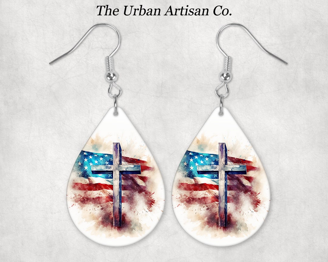 Christian Cross American Flag Teardrop Earring Sublimation Design ...