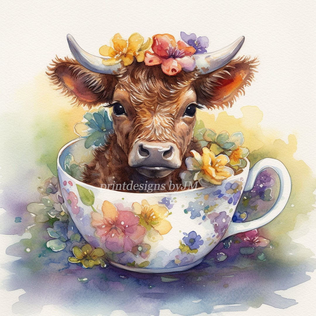 Watercolor Floral Teacup Highland Cow Sublimation PNG Cute - Etsy