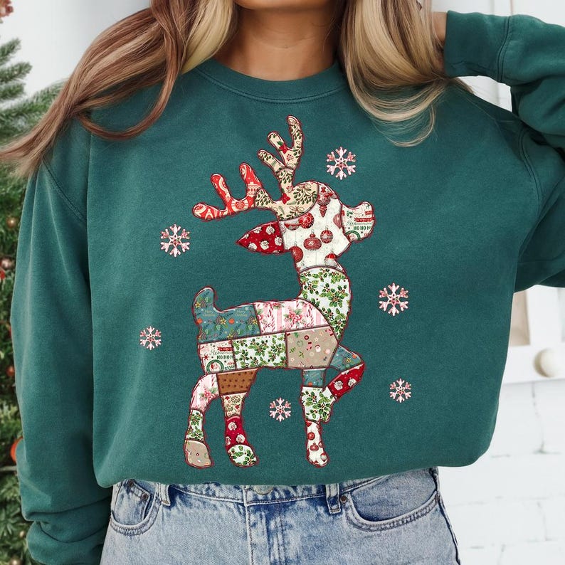 Patchwork Christmas Reindeer Png, Preppy Christmas Coquette Png, Retro ...