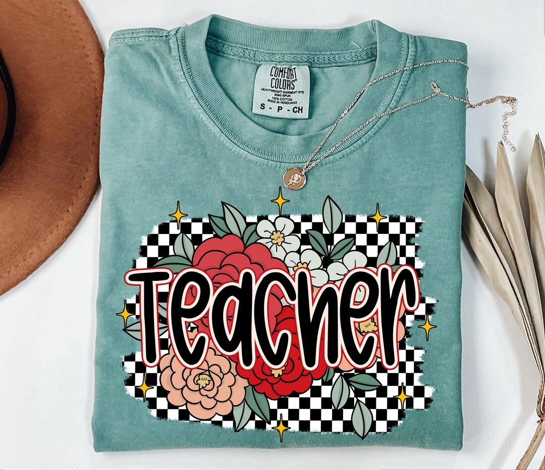 Retro Teacher PNG, Checkered Floral Teacher Shirt Design, Teacher ...