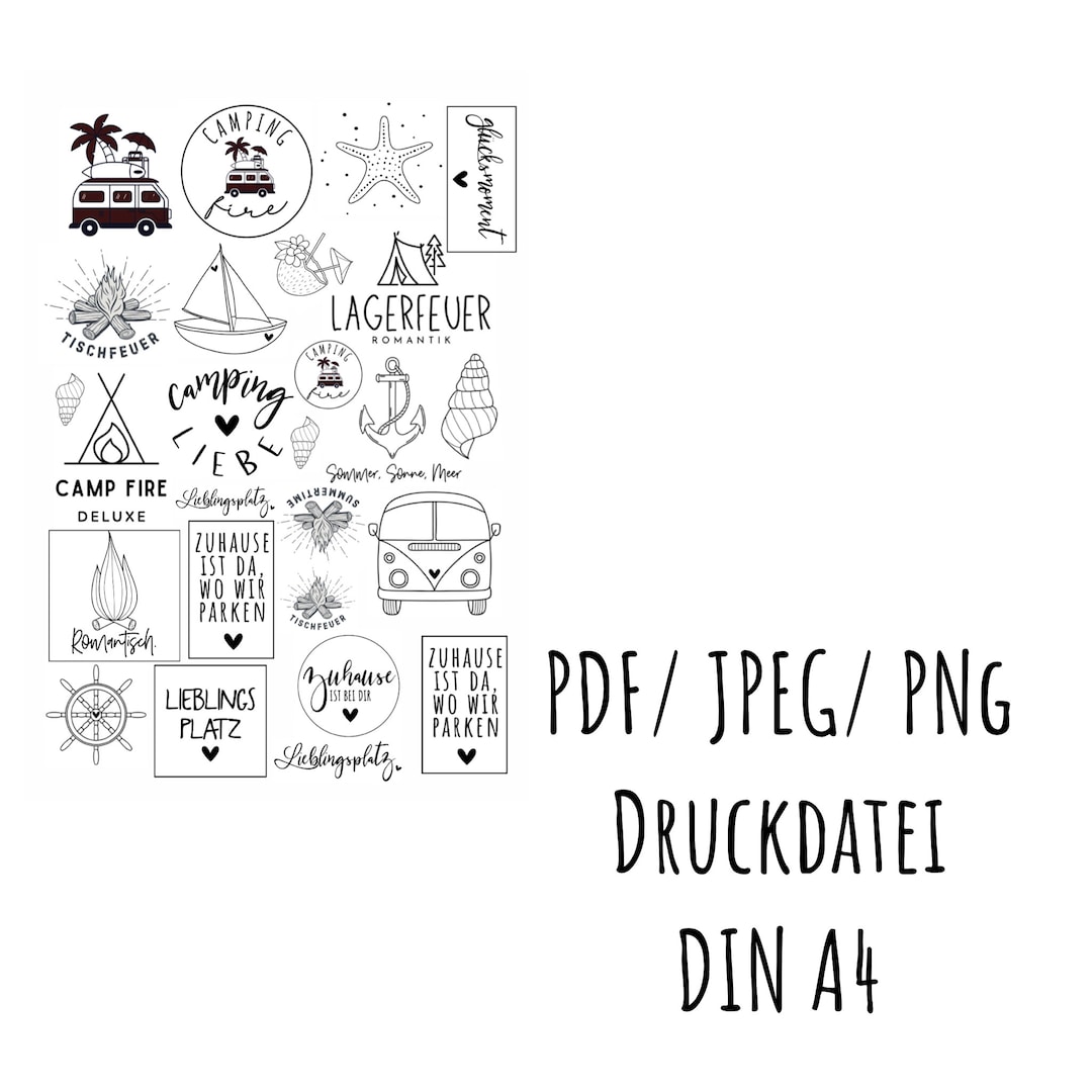 DIGITALE Datei Camping Motive| Camper | Wohnwagen | Druckvorlage A4 ...