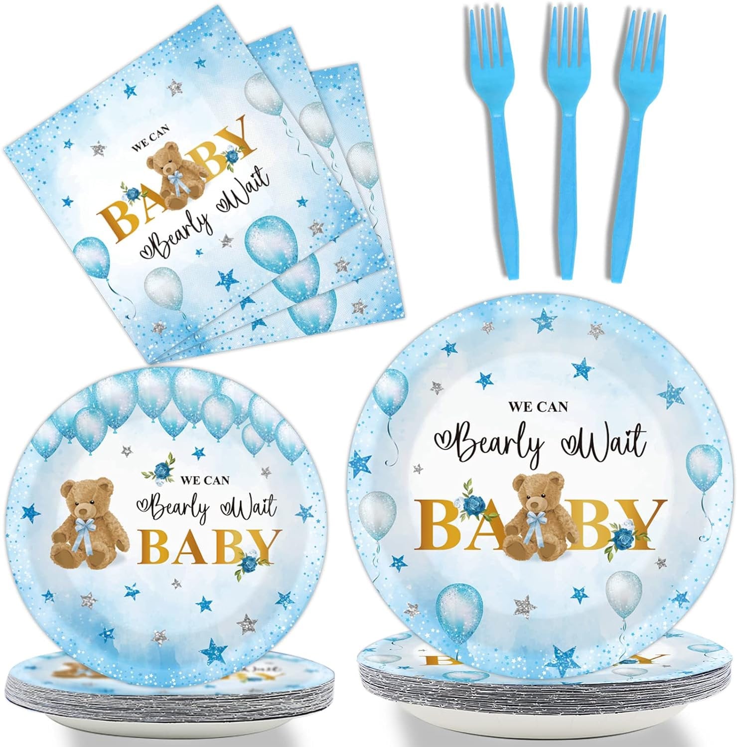 Blue Teddy Bear Baby Shower Tableware Serves 24, We Can Bearly Wait ...