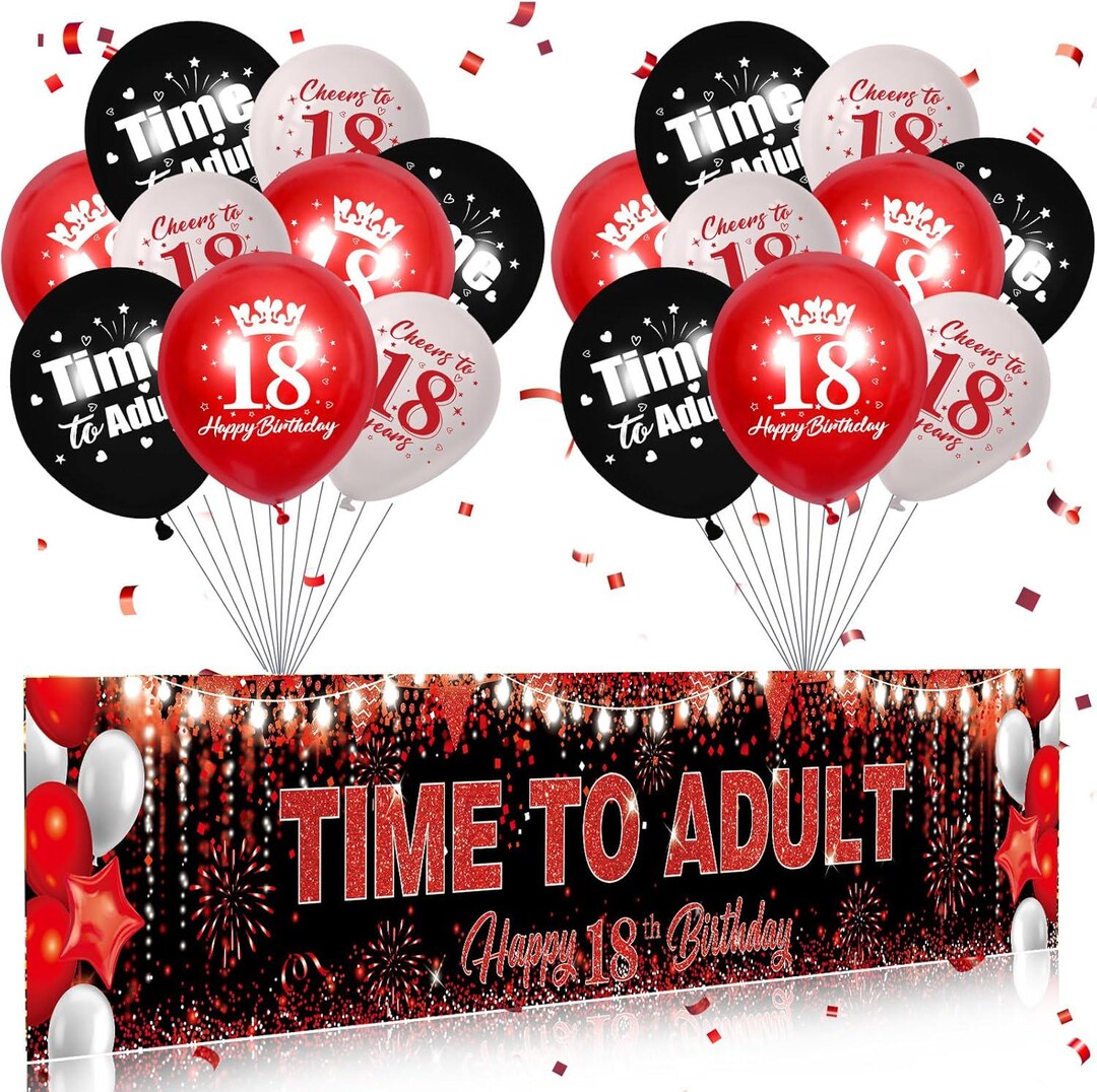 Large 18th Birthday Banner Backdrop and Balloons Decorations Black and ...