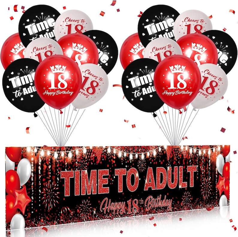 Large 18th Birthday Banner Backdrop and Balloons Decorations Black and ...