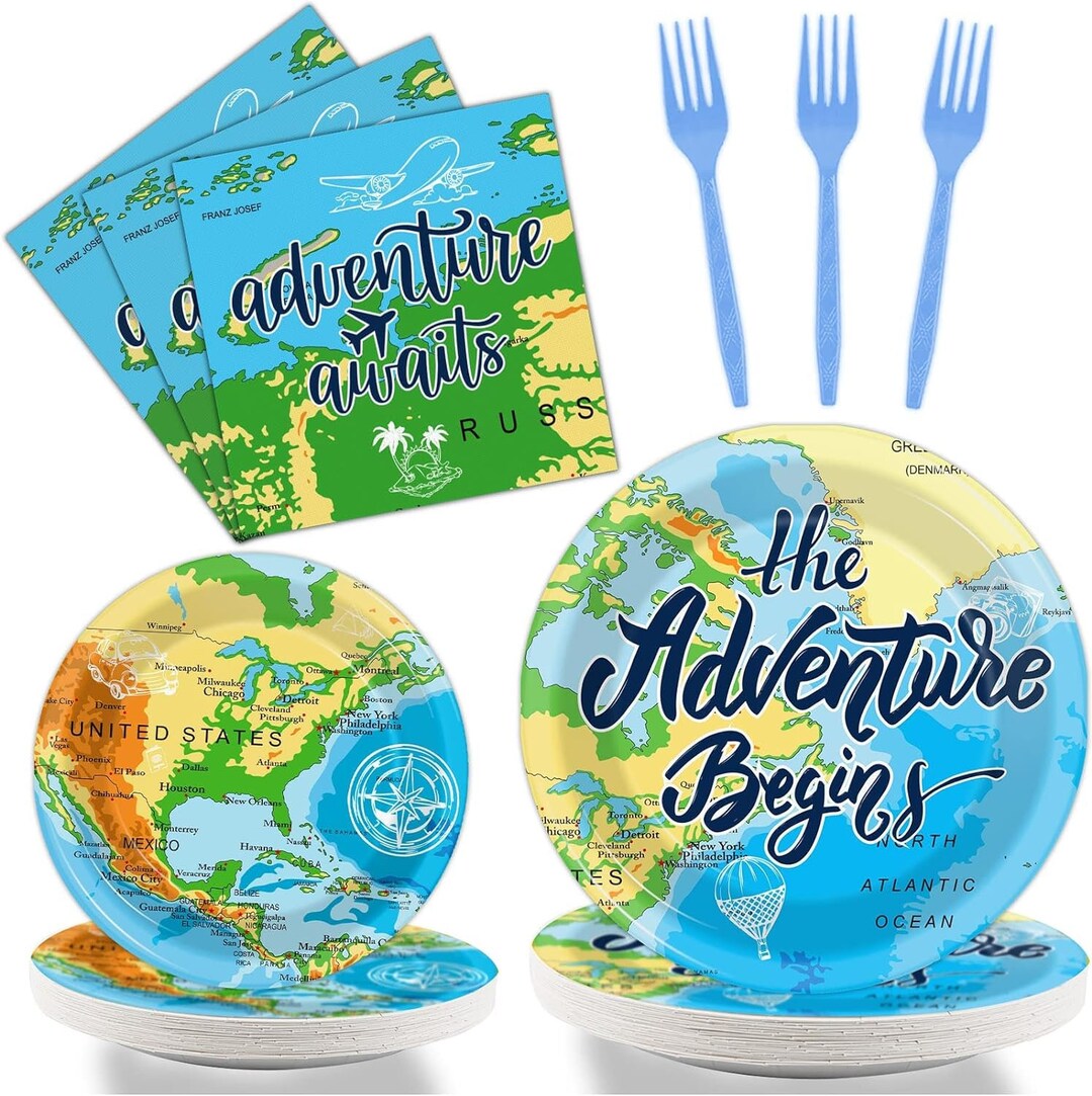Adventure Awaits Party Plates, Napkins, Forks Disposable Tableware ...