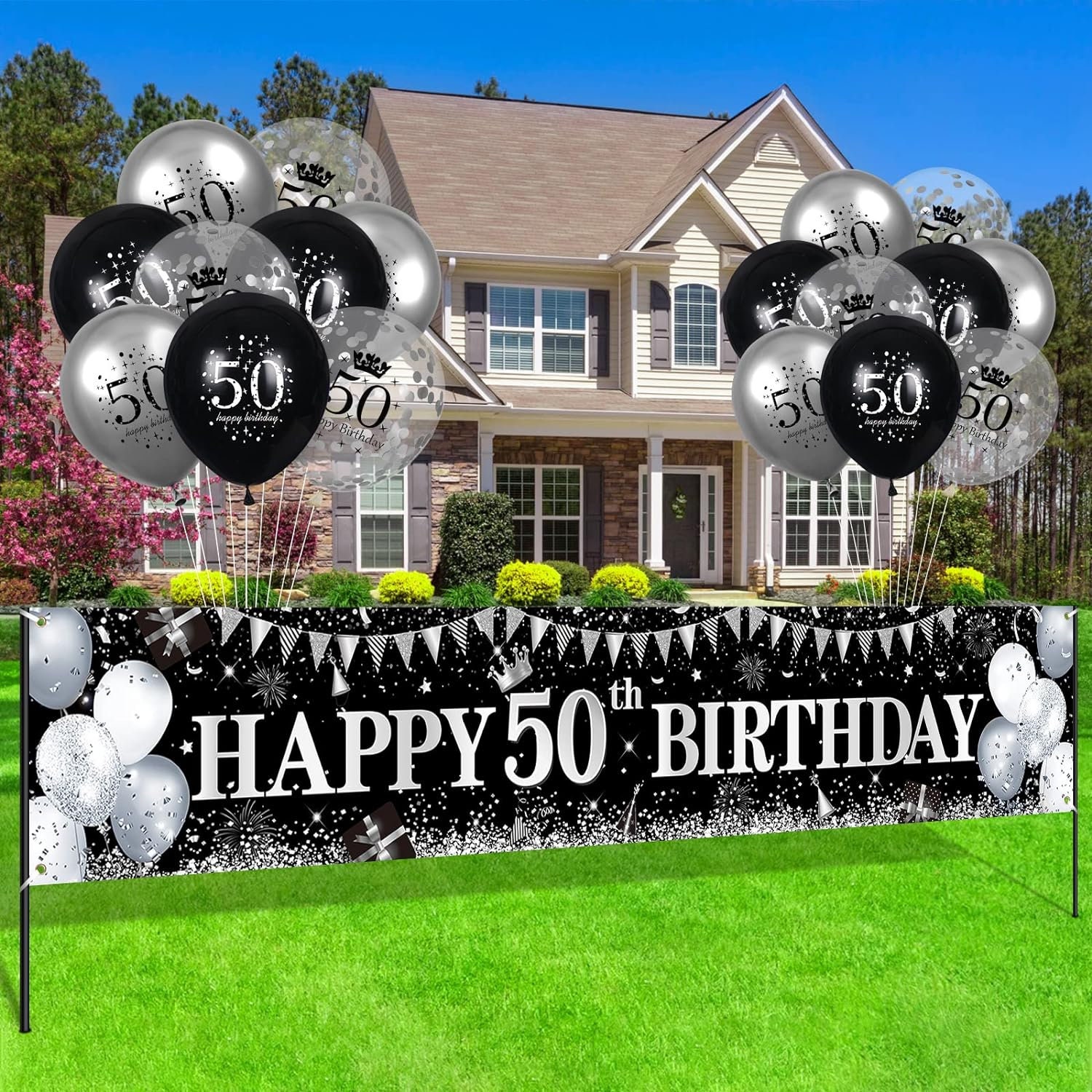 Large 50th Birthday Banner Backdrop and Balloons Decorations Black and ...