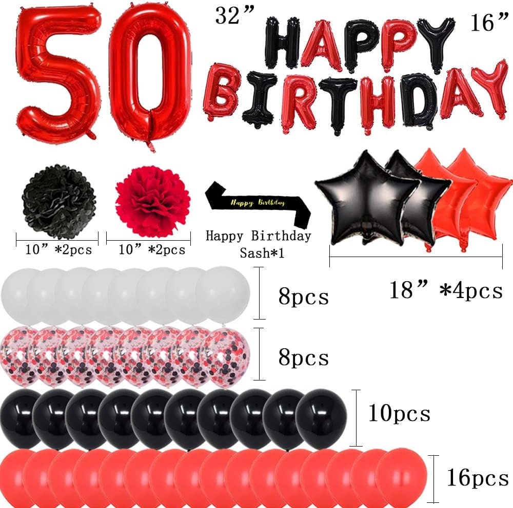 50th Birthday Decorations for Men Women Black and Red, Red Number 50 ...