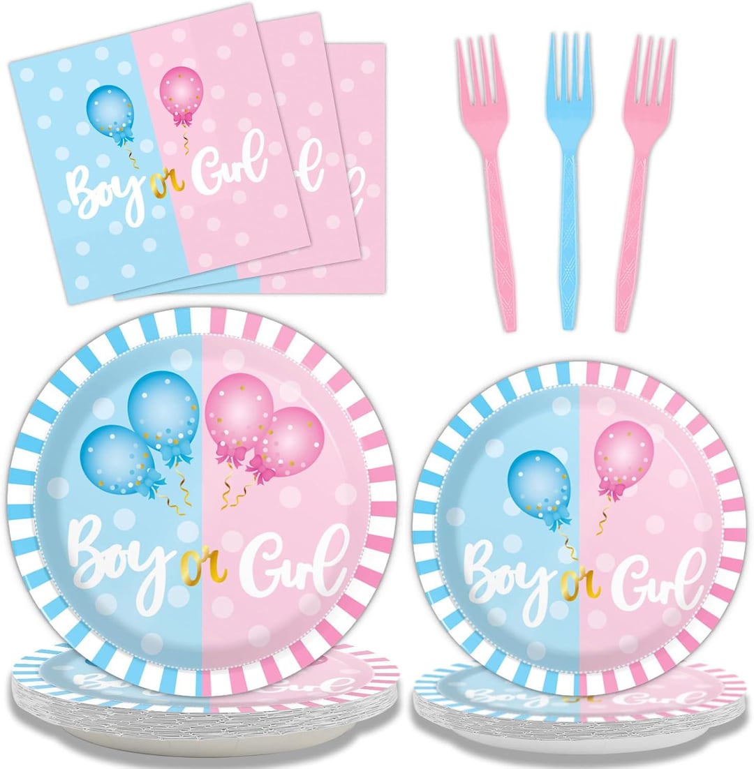 Gender Reveal Party Plates, Napkins, Forks Disposable Tableware Serves ...