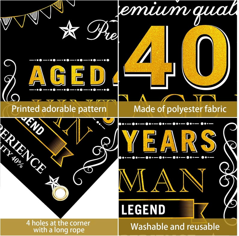 Black and Gold 40th Birthday Banner Backdrop Mens 40th Birthday ...