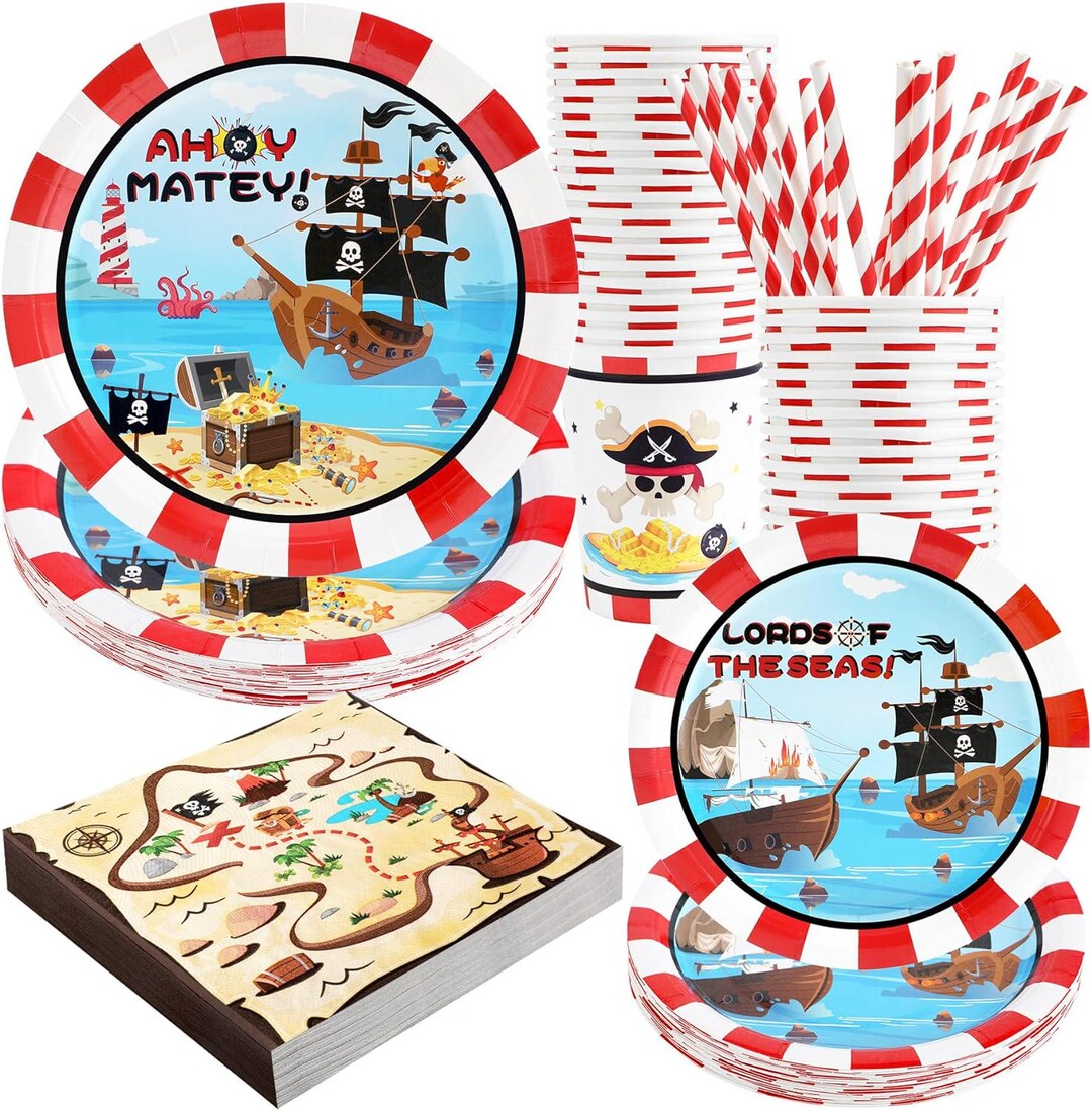 Pirate Party Plates, Napkins, Cups Disposable Tableware Serves 24 ...
