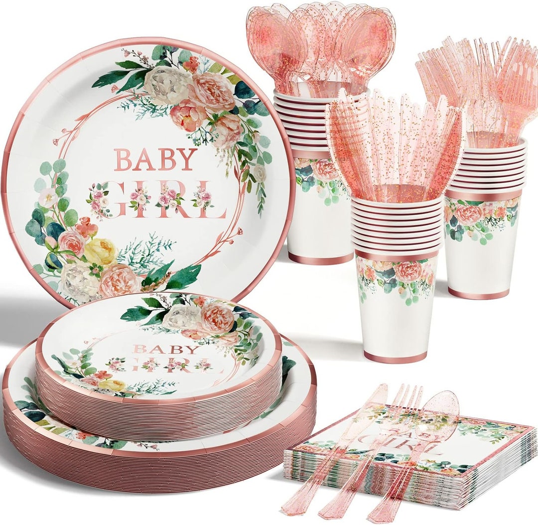 Baby Shower Party Tableware Serves 25, Baby Girl Paper Plates Napkins ...