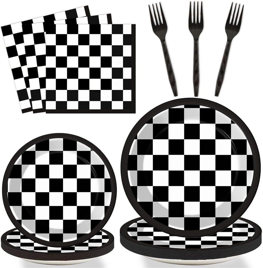 Checkered Pattern Party Plates, Napkins, Forks Disposable Tableware ...