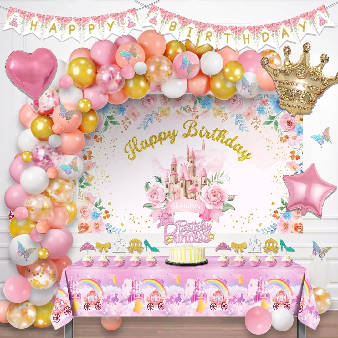 Princess Birthday Decorations, Pink and Gold Princess Castle Backdrop ...