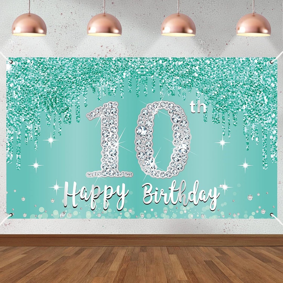 10th Birthday Banner Backdrop Teal Happy 10th Birthday Backdrop Happy ...