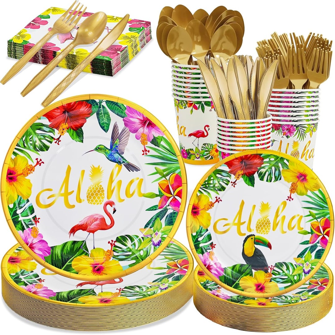 Hawaiian Luau Party Plates, Napkins, Forks Disposable Tableware Serves ...