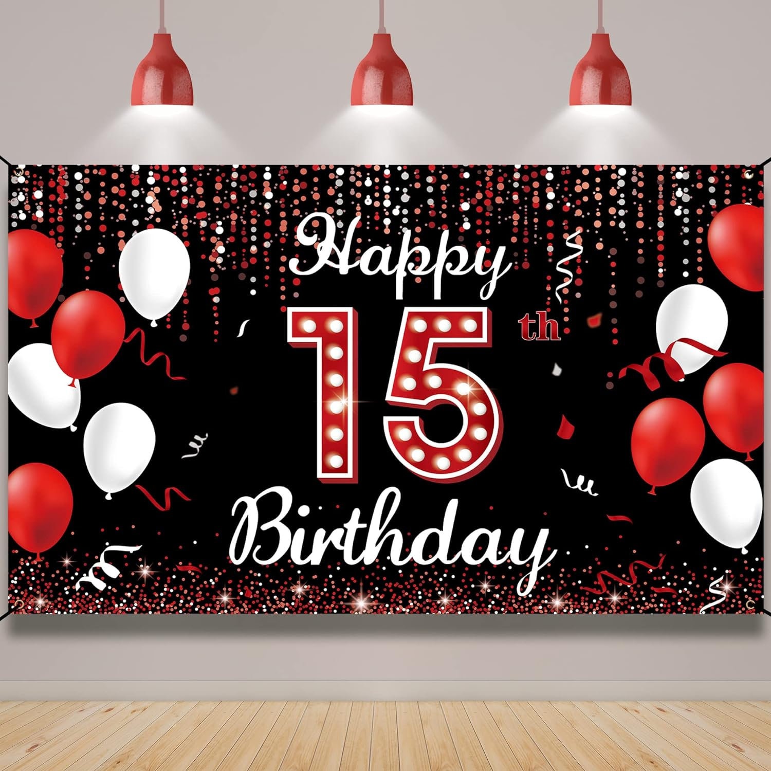 15th Birthday Banner Backdrop Decorations Girl and Boy Black and Red ...