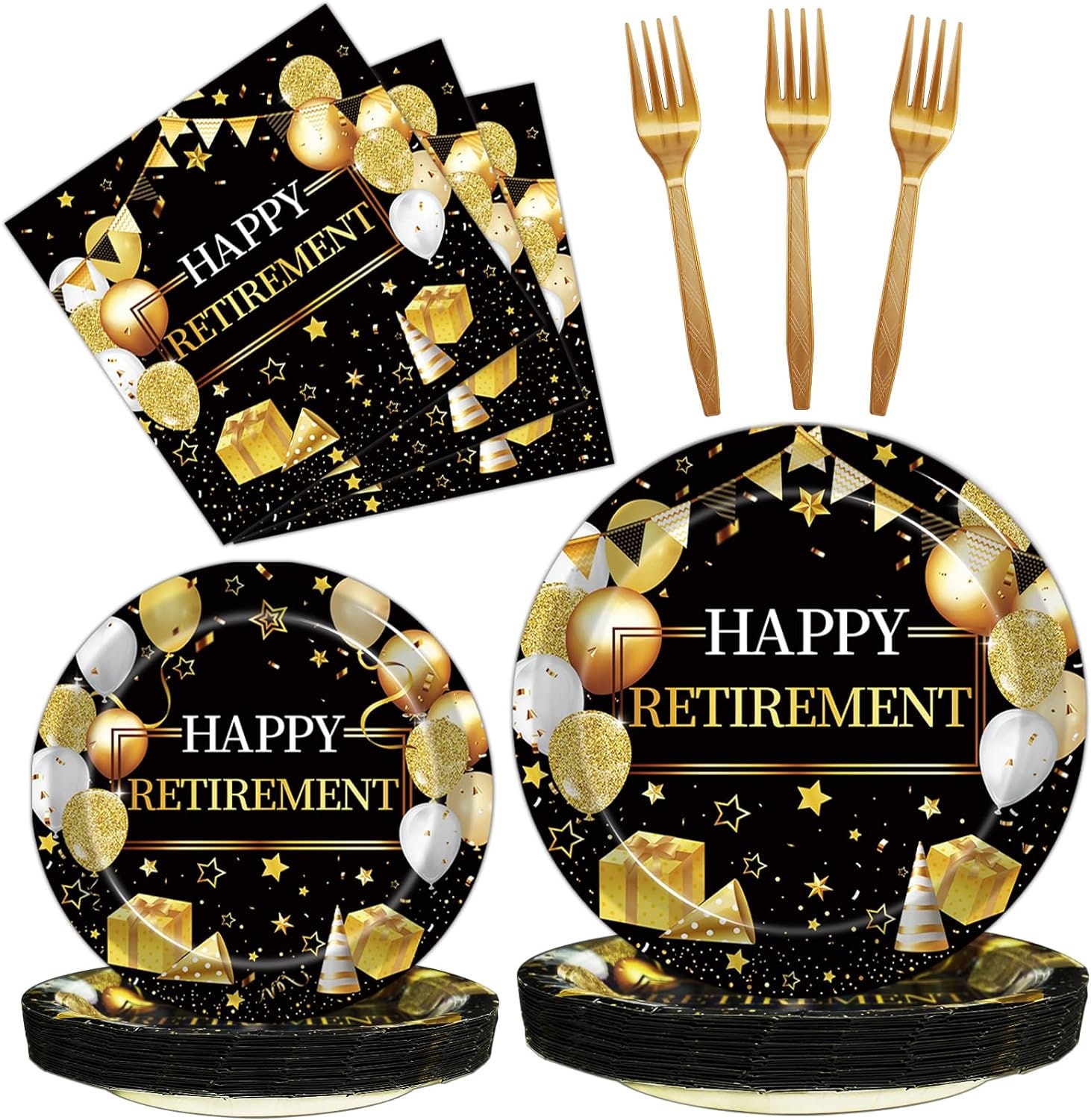 Black and Gold Retirement Party Plates, Napkins, Forks Disposable ...