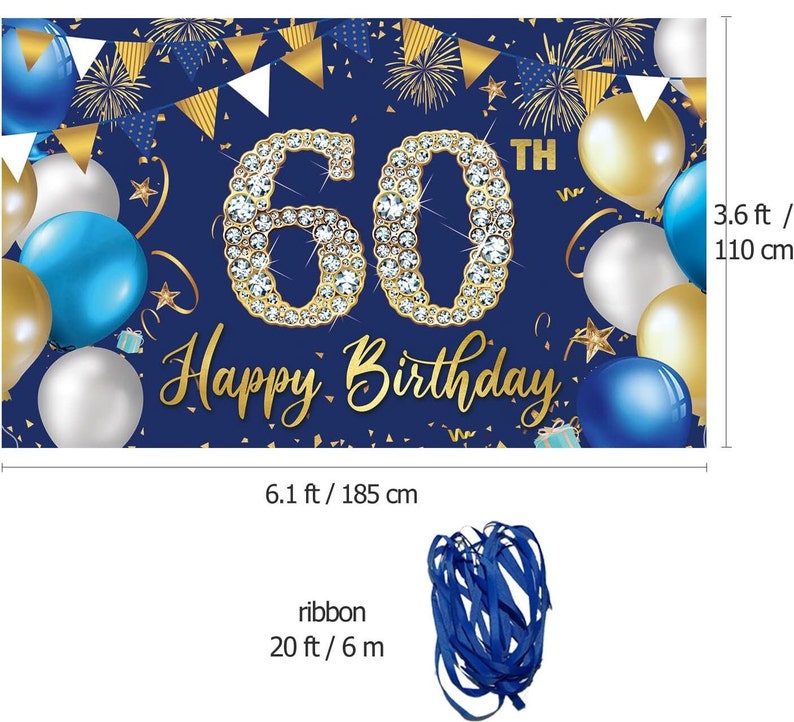 60th Birthday Banner Backdrop Decorations Men and Women Blue and Gold ...