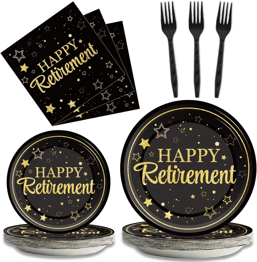 Black and Gold Retirement Party Plates, Napkins, Forks Disposable ...