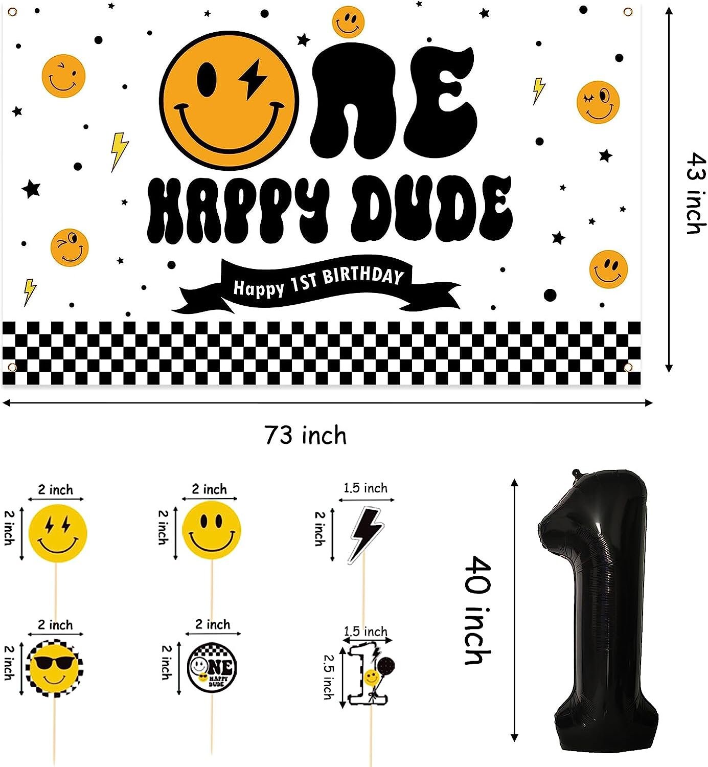 One Happy Dude Backdrop Balloons and Cupcake Toppers Boys Smiley Face ...