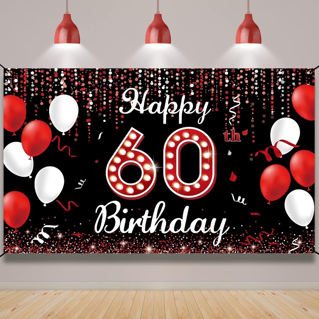 60th Birthday Banner Backdrop Decorations Men and Women Black and Red ...