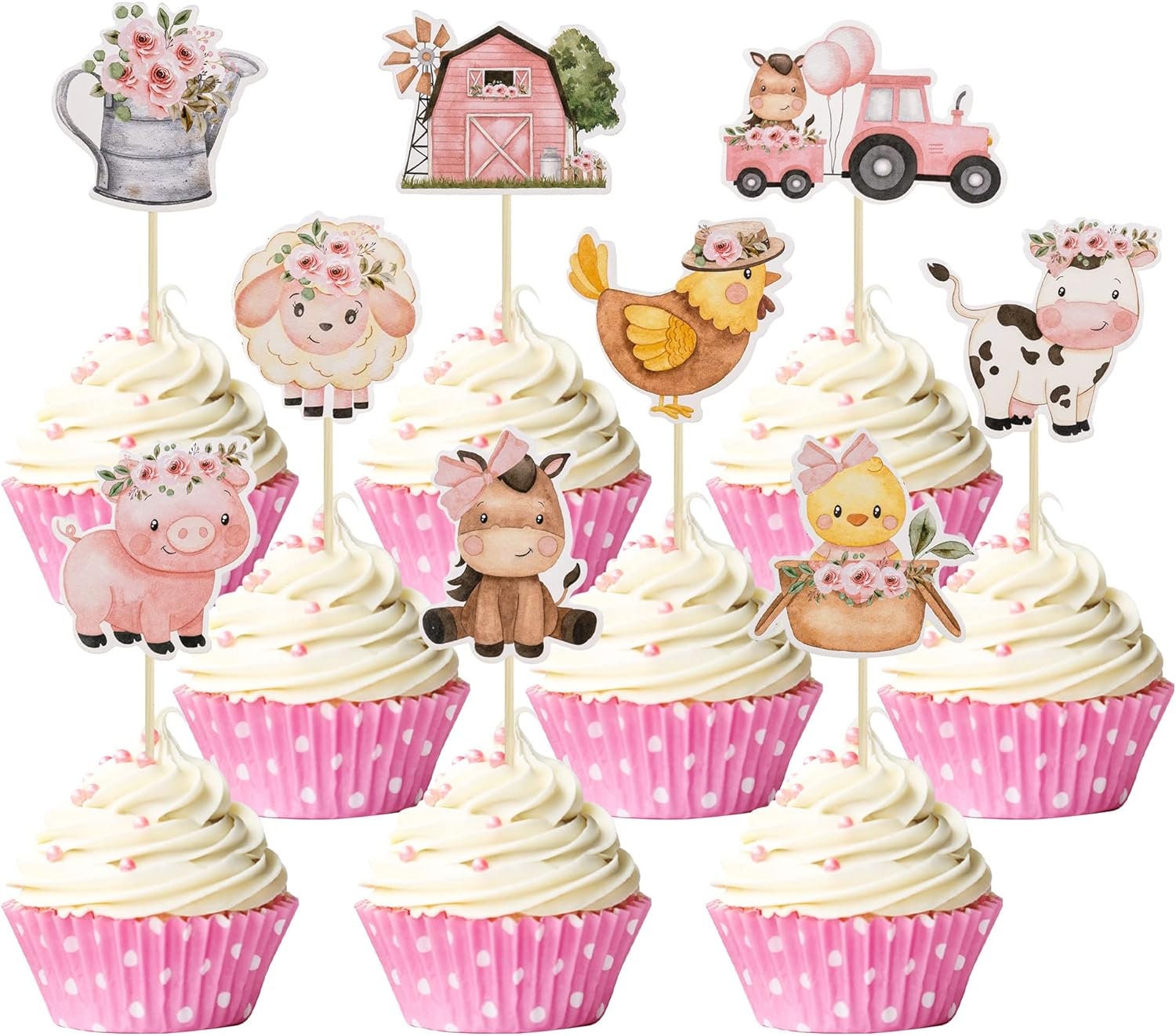 Farm Animals Cupcake Toppers 36pcs, Pink Barn Farm Animals Birthday ...
