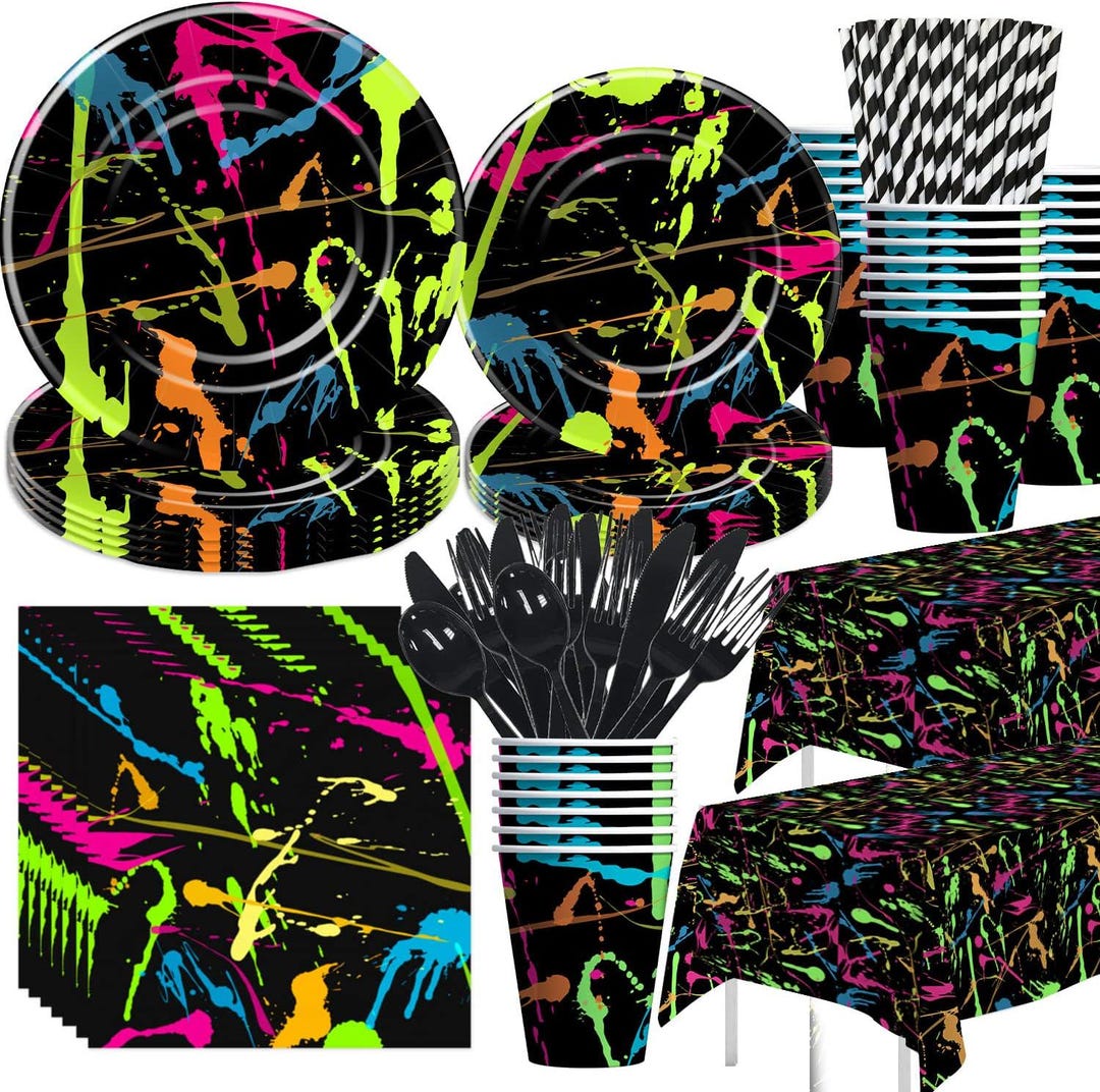 Neon Party Plates, Napkins, Cups, Tablecloth Disposable Tableware ...
