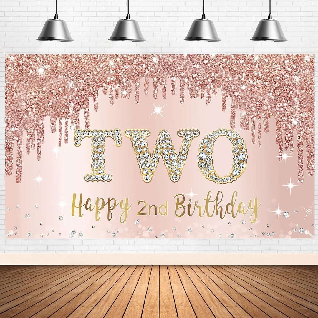 2nd Birthday Banner Backdrop Rose Gold Girl's Happy Second Birthday ...