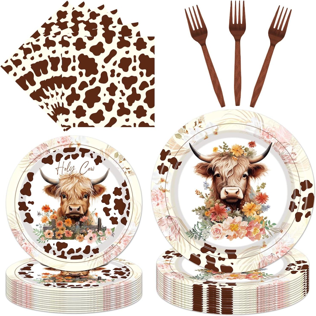 Highland Cow Party Plates, Napkins, Forks Disposable Tableware Serves ...