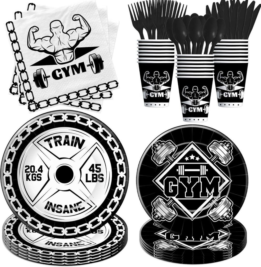 Gym Party Plates, Napkins, Cups, Disposable Tableware Serves 24, Gym ...