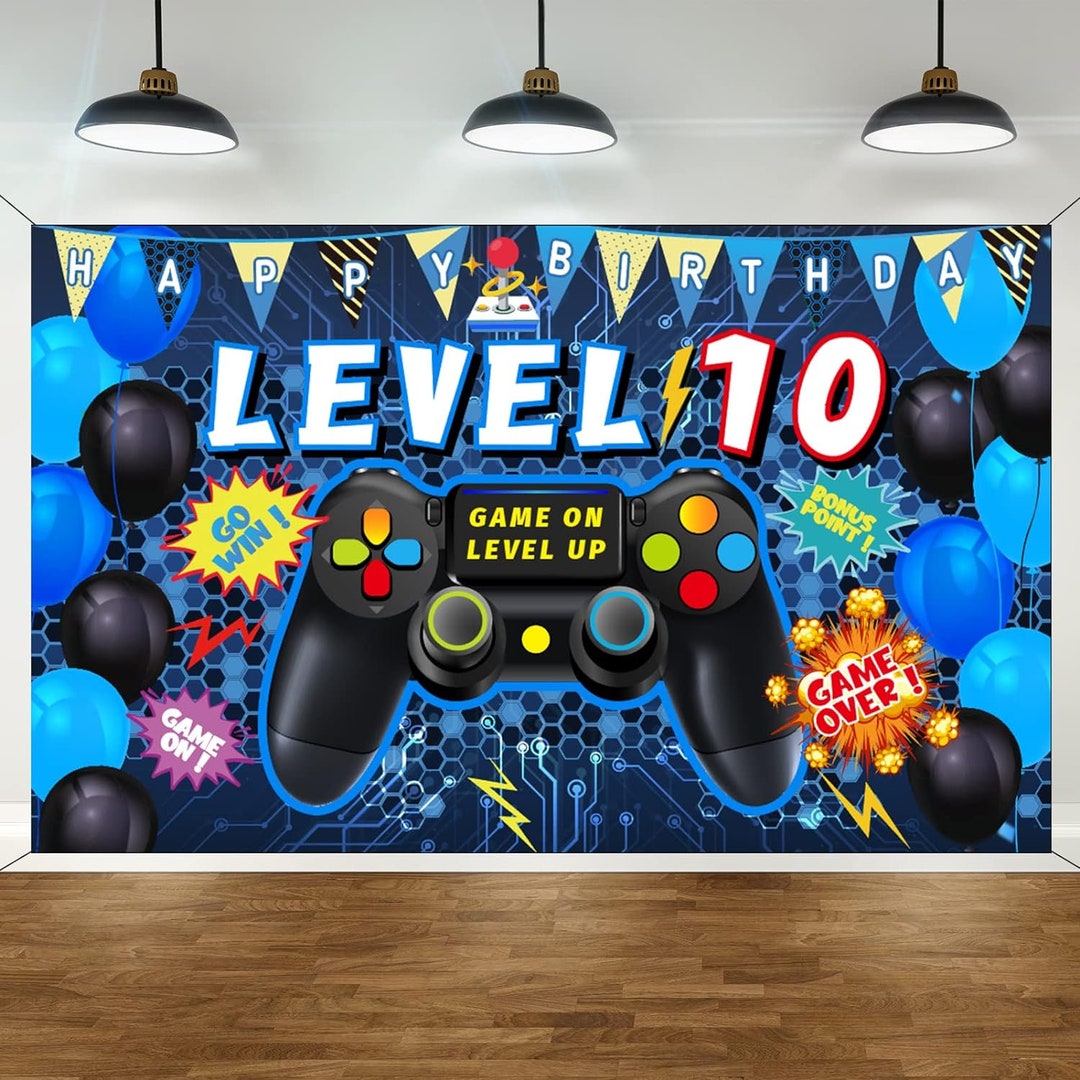 Video Game 10th Birthday Banner Backdrop Black and Blue Level 10 ...