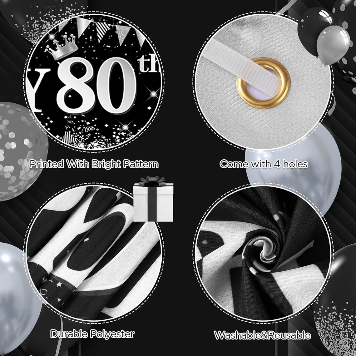 Large 80th Birthday Banner Backdrop And Balloons Decorations Black And