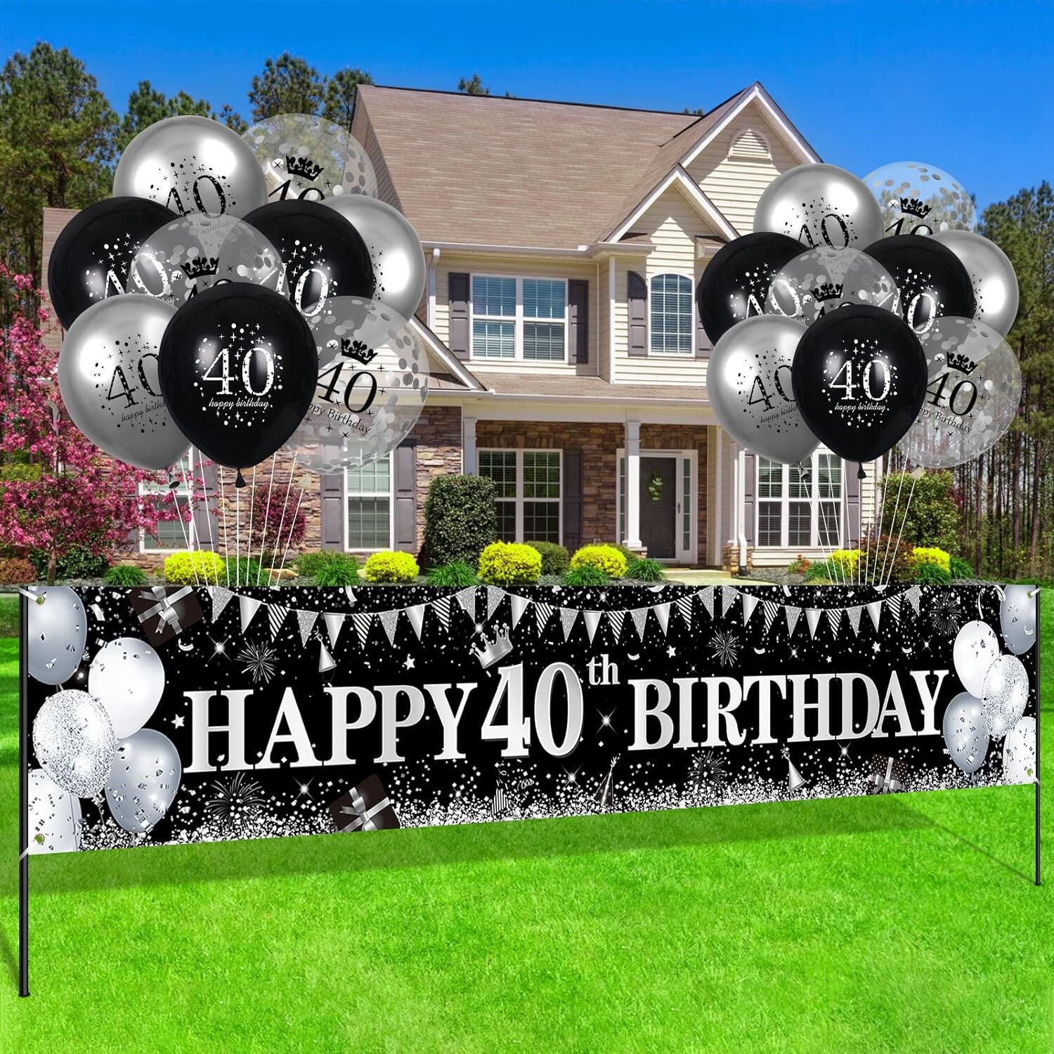 Large 40th Birthday Banner Backdrop and Balloons Decorations Black and ...