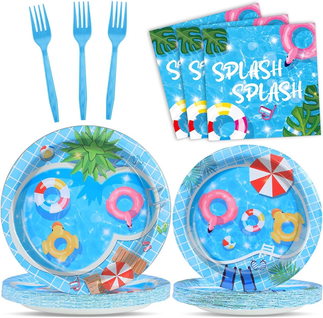 Pool Party Plates, Napkins, Forks Disposable Tableware Serves 24 ...