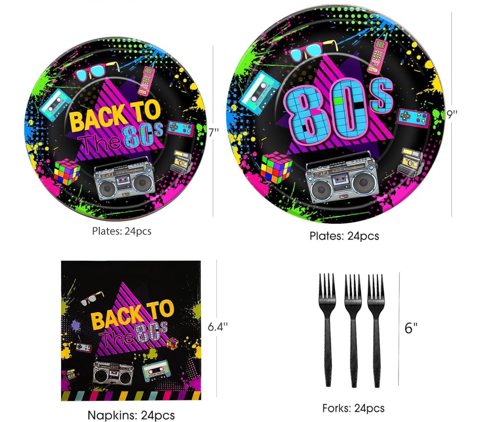 80's Party Plates, Napkins, Forks Disposable Tableware Serves 24, Back ...