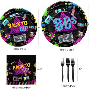 80's Party Plates, Napkins, Forks Disposable Tableware Serves 24, Back ...